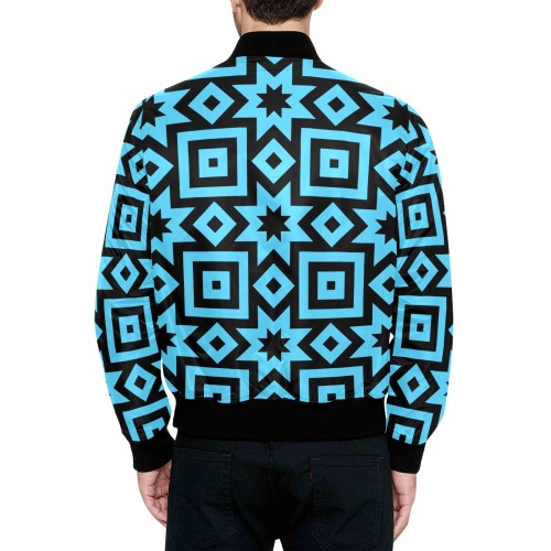 Blue/Black Geometric Pattern All Over Print Quilted Bomber Jacket for ...